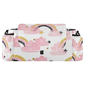 Sinestour Rainbows Clouds Star Stroller Organizer with Cup Holder Universal Stroller Organizer Bag Detachable Shoulder Strap Stroller Accessories for Diaper Keys Phone Toys Fit All Baby Stroller