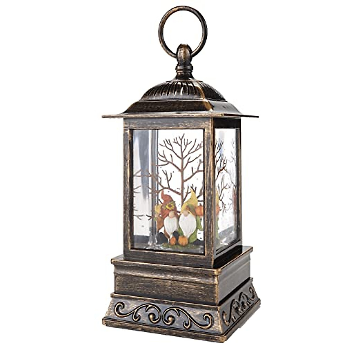 Lighted Harvest Lantern with Gnome Motif and Swirling Faux Snow