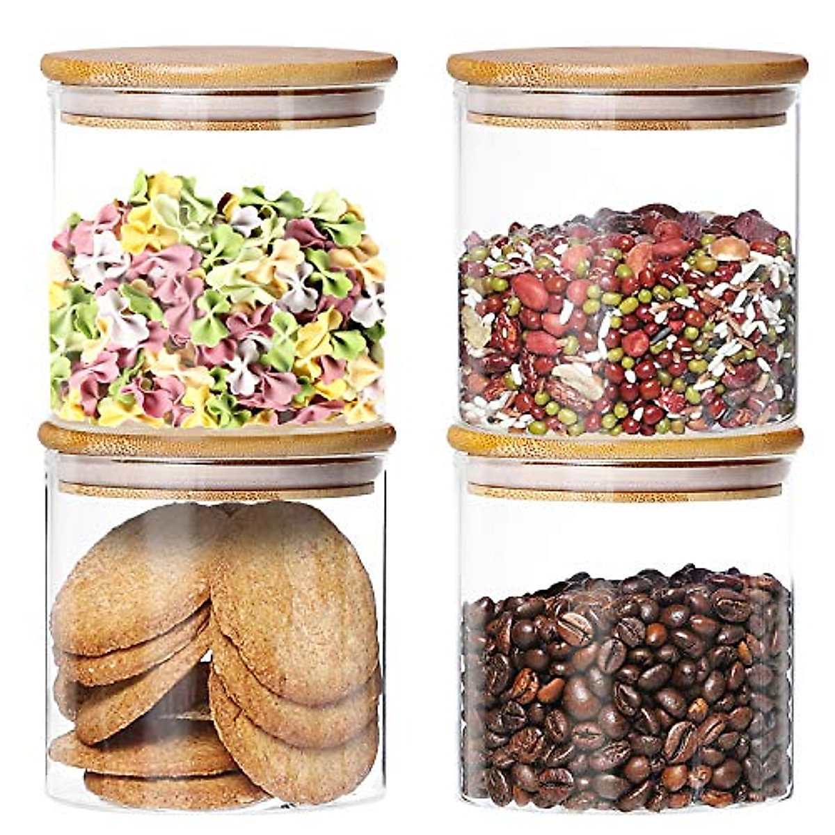 4 Pack Glass Jars with Airtight Bamboo Lids, (Dabacc) Glass Kitchen Canisters Clear Container for Food Storage of Dry Goods, Cookie, Candy, Spices, Coffee Beans and More, 18.6 OZ