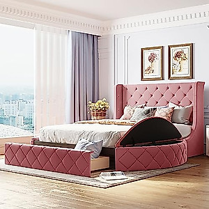 GERDIOEB Queen Upholstered Platform Bed with Wingback Headboard and 1 Large Drawer, Velvet Platform Mattress Foundation, 2 Side Storage Benches Queen Size Bed (Pink)