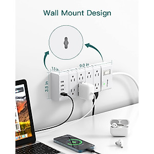 Power Strip Surge Protector - Addtam 16 Outlets(4-Side) and 4 USB Ports 5 Ft Flat Plug Extension Cord, Overload Surge Protection Outlet Strip, Wall Mount for Home, Office and More