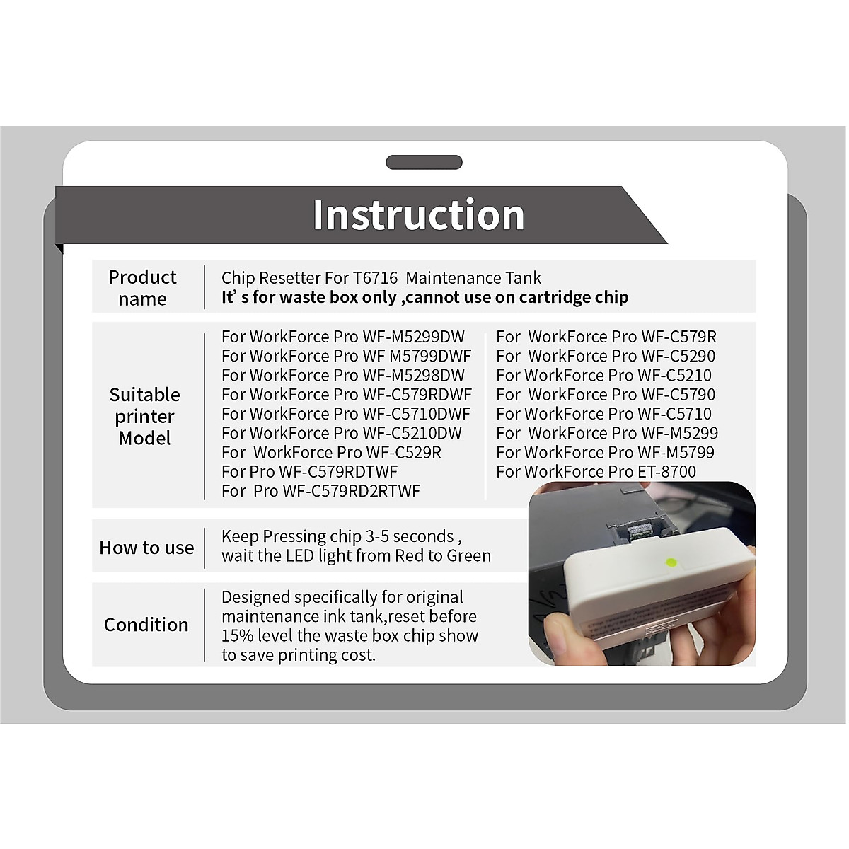 Ssrprint T6716 Maintenance Ink Tank Waste Box Chip Resetter Type C for EPSON WF C5210 C5790 C5710 M5299 M5799 ET-8700 White T6716 T3661 0