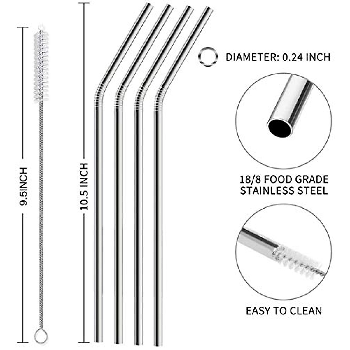 CALCA 10.5in Long Stainless Steel Drinking Straws for 30 oz and 20 oz Tumblers, Reusable Long Drinking Straws Set of 4, Cleaning Brush Included - US Stock