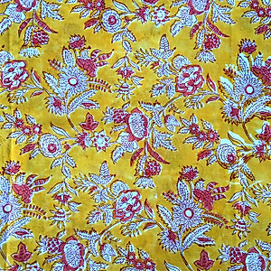 E-Tailor® Cotton Floral Print Cotton Fabric by Yard, Natural Dyes Sanganeri Indian Cotton Fabric Hand Block Printed Handmade Cotton Fabric-1 Yard-Floral-Mustard Yellow