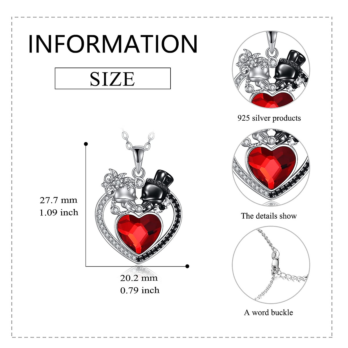 AXELUNA Skull Heart Necklace Sterling Silver Black Plated Pendant Necklace with Adjustable Chain for Women Jewelry Gift