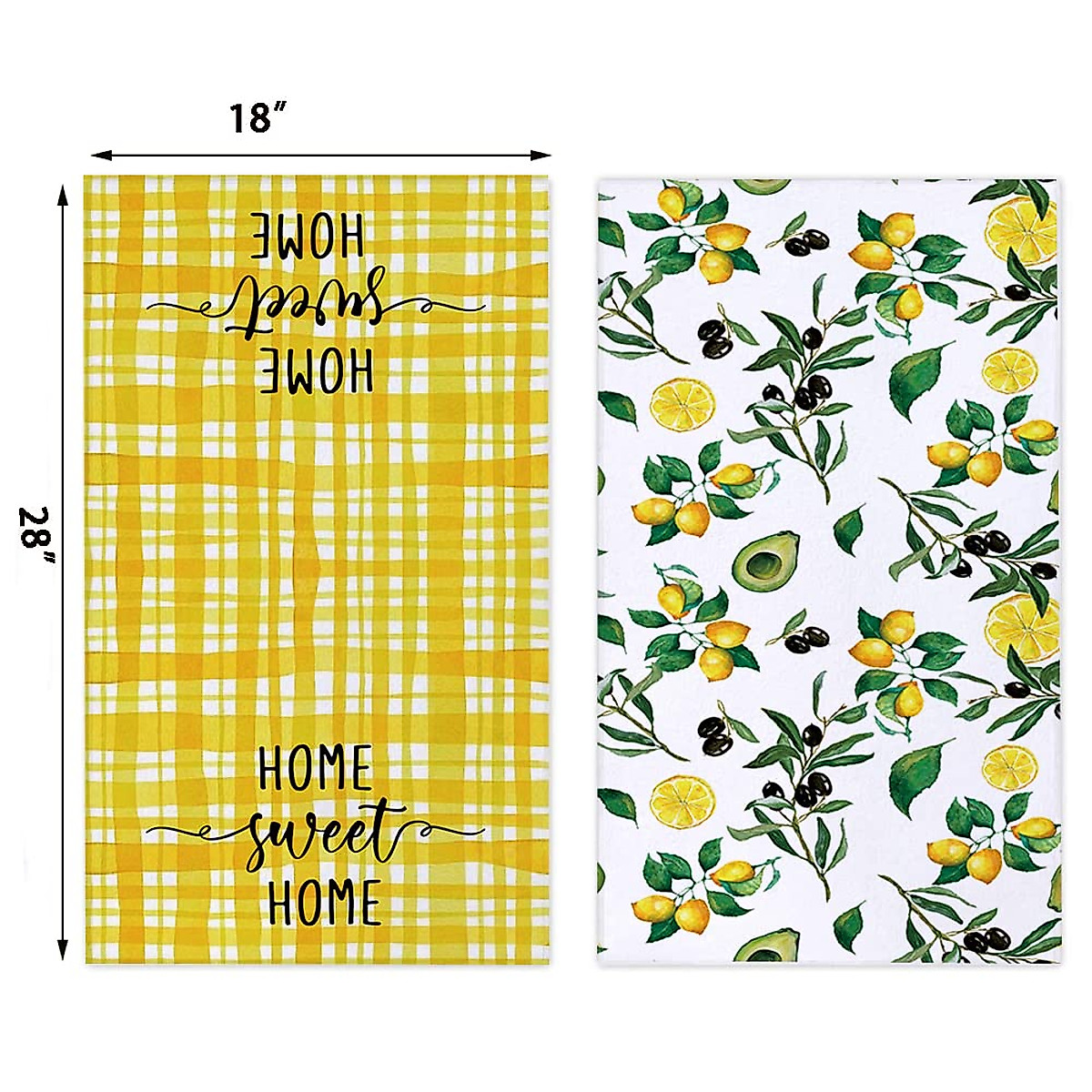 Watercolor Lemon Olive Kitchen Dish Towel 18 x 28 Inch Set of 2, Spring Summer Yellow Lemon Tea Towels Dish Cloth for Cooking Baking