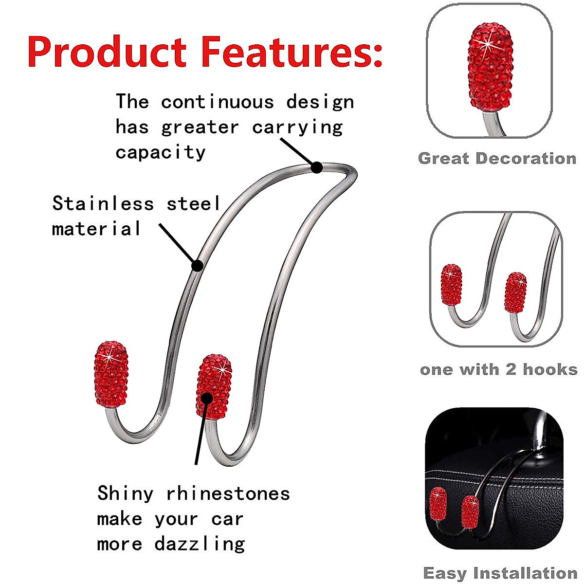 Bling Car Seat Hooks, Rhinestone Universal Organizer Hooks Car Headrest Hangers Hooks, Bag Organizers Rack and Hanger, Strong and Durable Auto Backseat Storage Hooks (B-Red)
