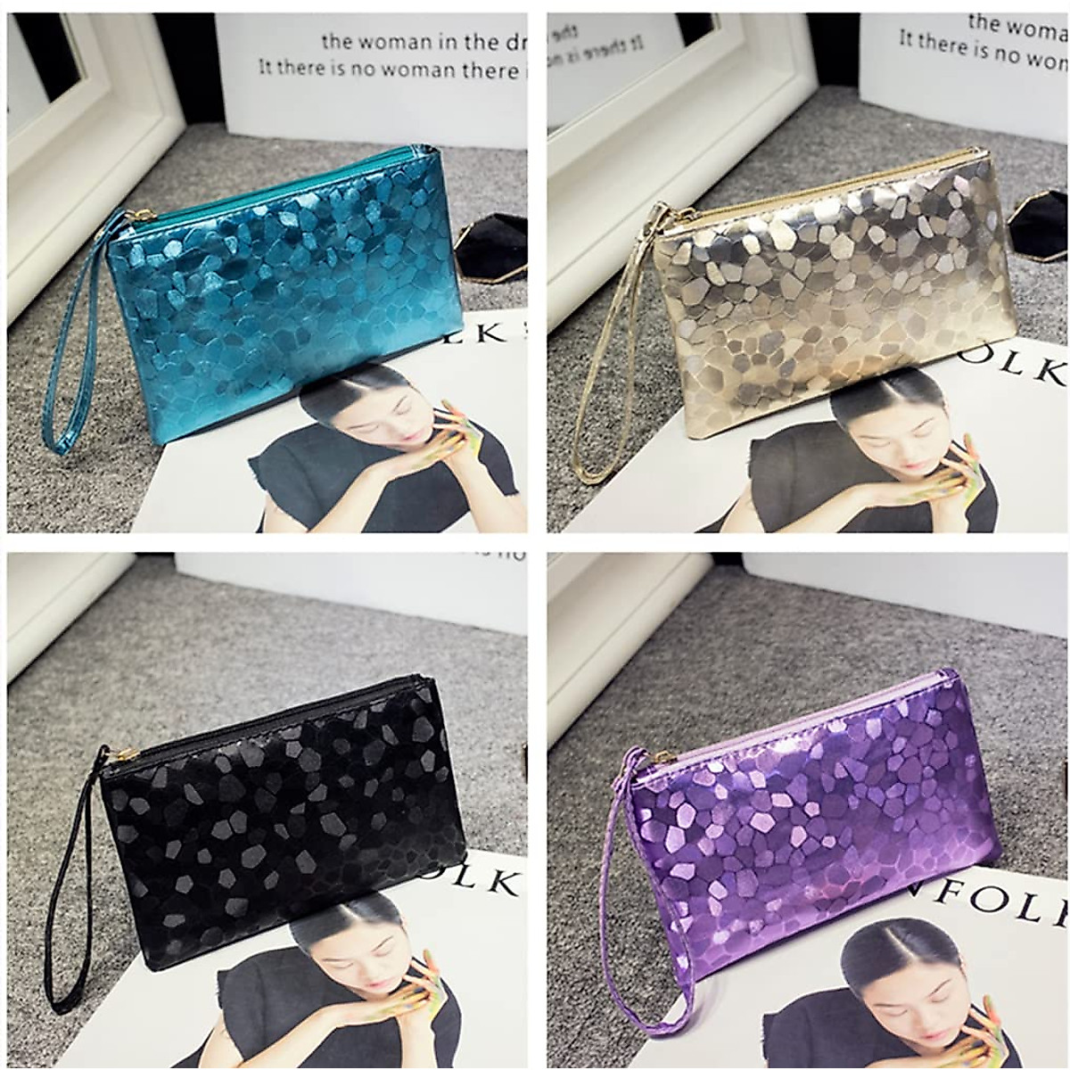 HUAI CHAO Sparkly Laser Wristlet Handbag Women Stylish Stone Print Leather Clutch Bag Zip Cell Phone Purse Light Golden