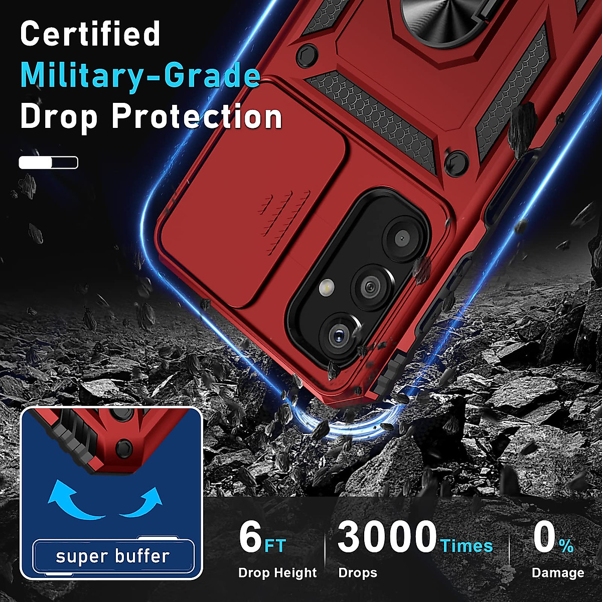 Janmitta Compatible with Samsung Galaxy A14 5G Case Built in Slide Camera Lens Cover and Screen Protector,Heavy Duty Full Body Phone Cover Built in Ring Holder Kickstand,2023 Red