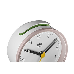 Braun Classic Analogue Alarm Clock with Snooze and Light, Quiet Quartz Movement, Crescendo Beep Alarm in White and Rose, Model BC12PW.
