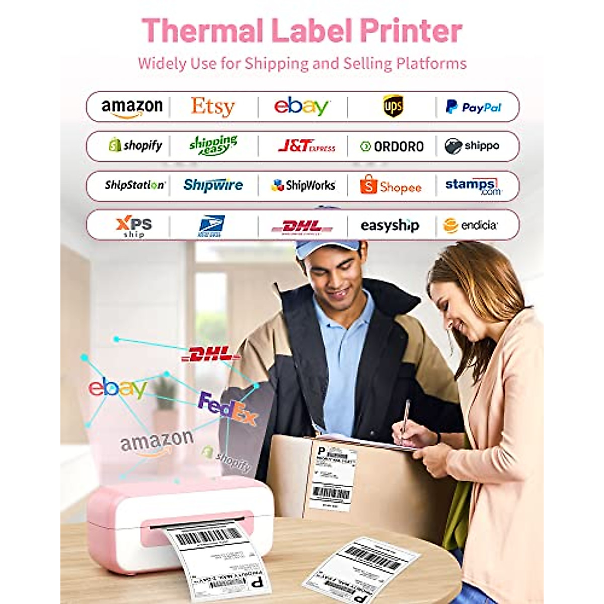 Pink Label Printer - Thermal Label Printer for Shipping Packages & Small Busines, Shipping Label Printer, Thermal Printer Compatible with Amazon Shopify Etsy Ebay FedEx USPS