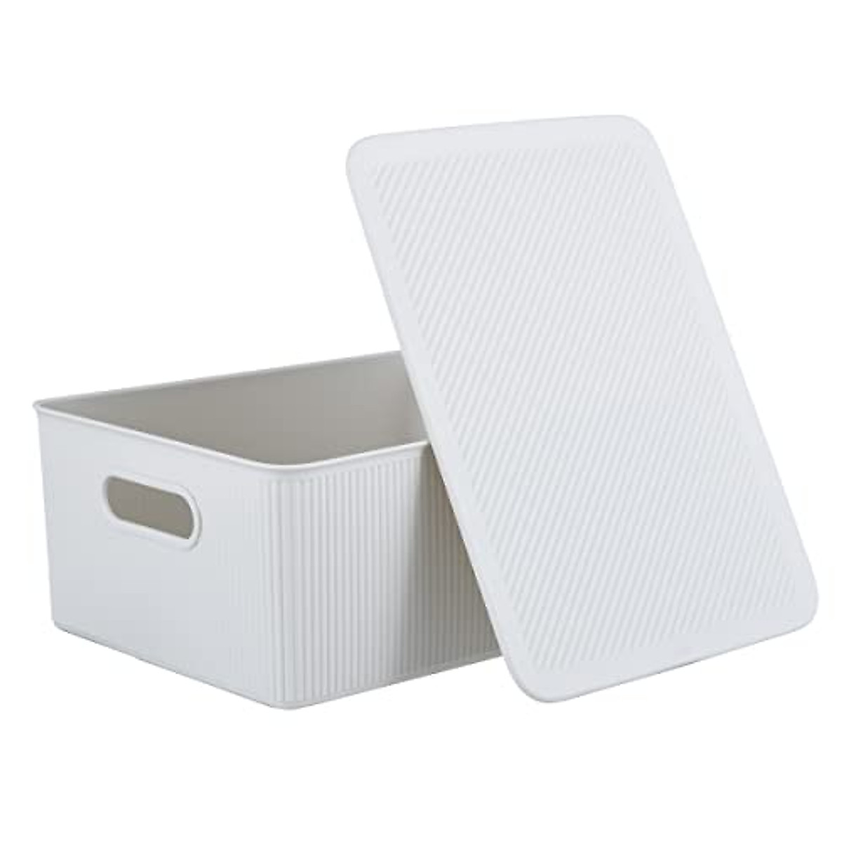 Superio Decorative Plastic Lidded Home Storage Bins Organizer Baskets, Large White Smoke (1 Pack - 15 Liter) Stackable Container Box, for Organizing Closet Shelves Drawer Shelf - Ribbed Collection