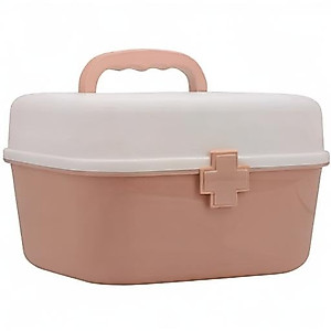 BangQiao Plastic First Aid Storage Box Container Bin with Removable Tray and Portable Handle, Family Emergency Medicine Kit Case Organizer, White&Pink
