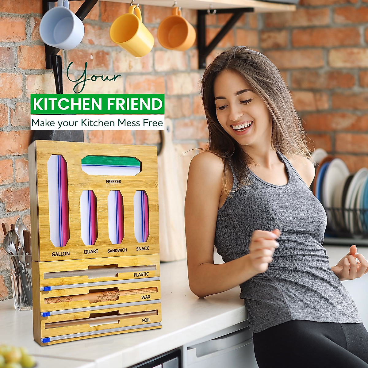 Bamboo Zip Lock Bag Kitchen Drawer Organizer - 9-in-1 Wrap Dispense with Cutter, Compatible with Gallon, Quart, Sandwich, and Snack Bags