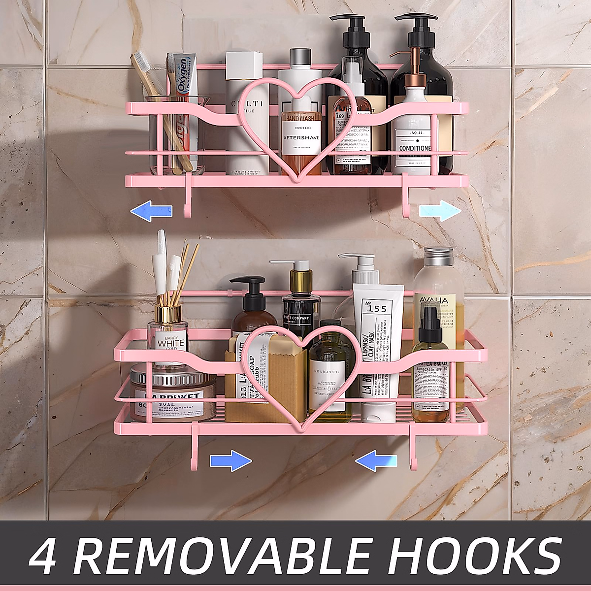 FLCITY Pink Shower Caddy with 4 Removable Hooks, 2 Pack Sweet Heart Shower Shelves,No Drilling Adhesive Organizer Shelf for Bathroom Shower,Kitchen,Bedroom