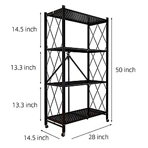 Storage Shelves, Closet Organizers and Storage 4-Shelf Foldable Metal Shelving Units 28" W x 14" D x 50" H for Garage Kitchen Bakers, Collapsible Organizer Rack, Heavy Duty on Wheels (4 -Shelf)