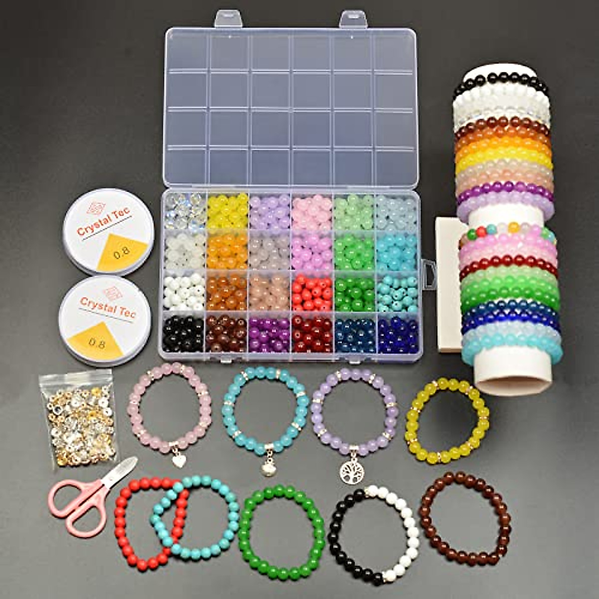 AIFNIY 570PCS Glass Beads for Jewelry Making 8mm Turquoise 24 Colors Crystal Beads Bracelet Making Kit Loose Round Gemstone Stone Spacer Chakra Energy Healing Beads Bulk DIY Crafts (Kit A)