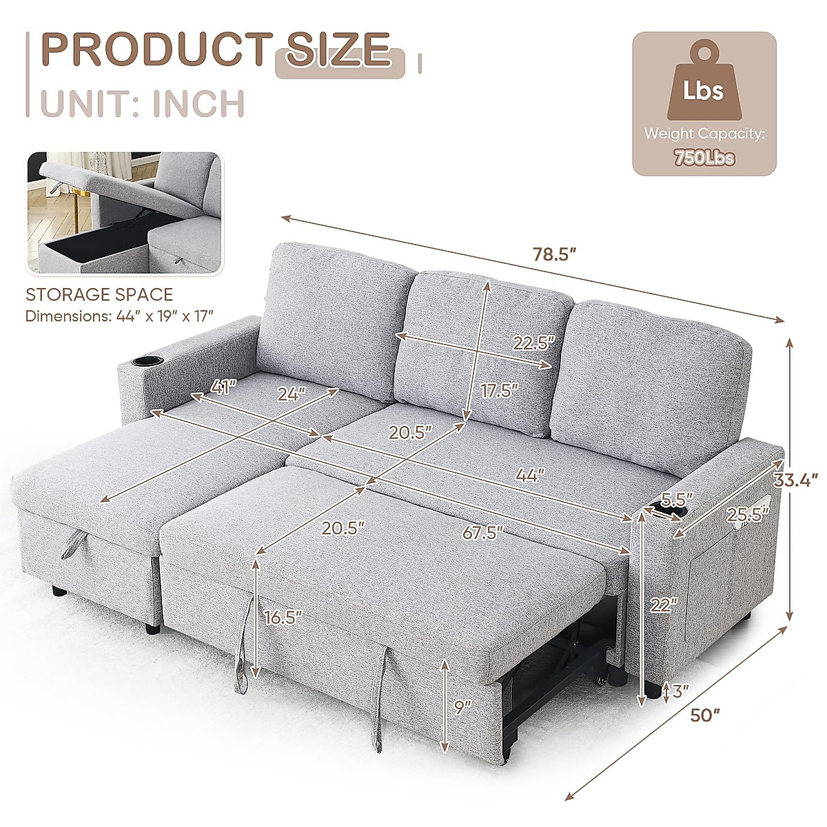 Antetek Reversible Sectional Sofa Couch with Pull-Out Bed, Modern Linen L-Shaped Sleeper Sofa Bed with Storage Chaise/Cup Holder/Side Pocket, Furniture Set for Living Room, Small Space, Light Grey