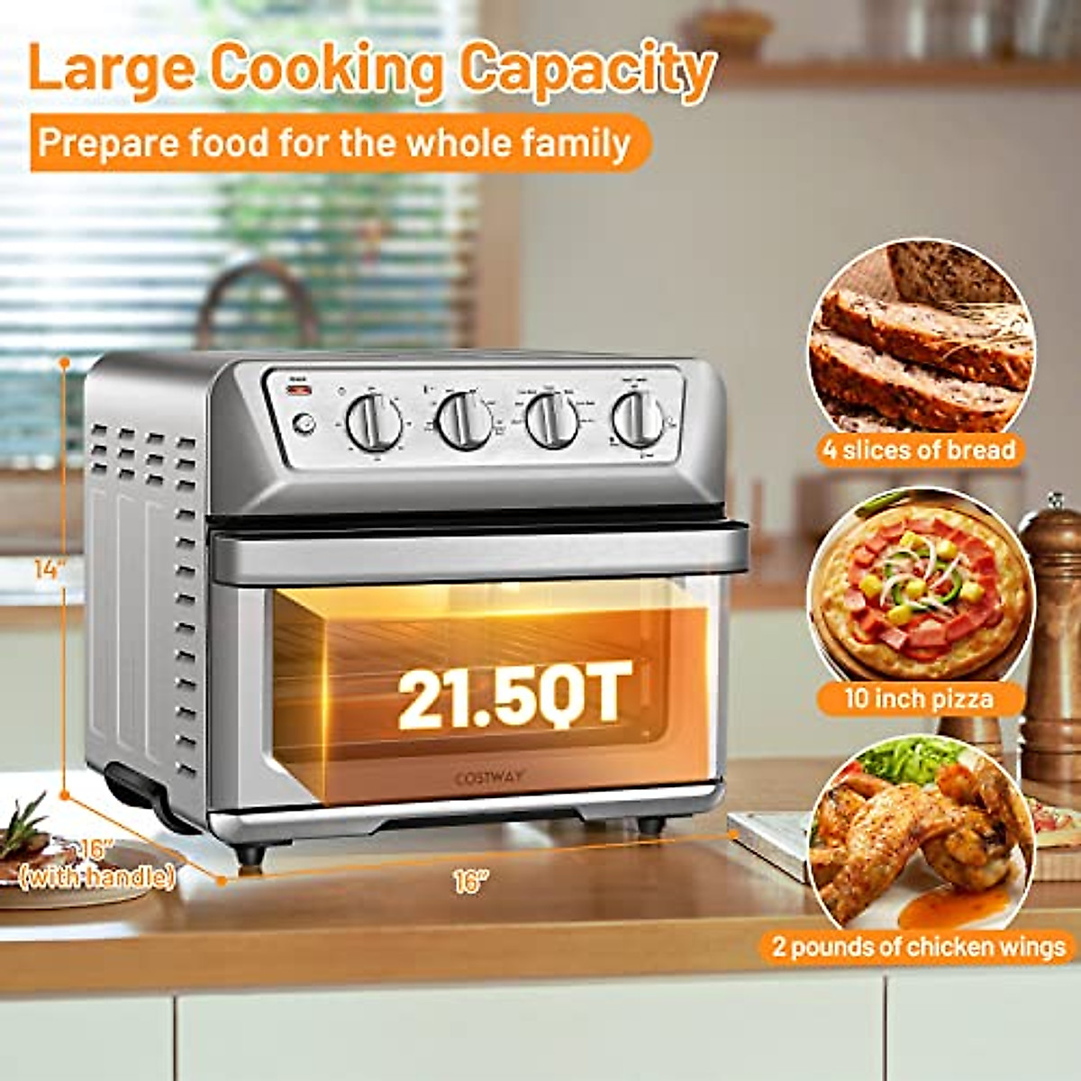 COSTWAY Air Fryer Toaster Oven, 7-in-1 Convection Countertop Oven with Auto-Shut-Off, Timer, Accessories & Cookbook, 1800W, 21.5 QT Air Fryer Toaster Oven Combo, Bake, Broil, Toast, Reheat, Fry Oil-Free, Stainless Steel