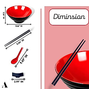 AFWAN Ramen Bowl Set of 4 32 OZ with Large Melamine Bowls Spoons Complete Dinnerware Set with Chopsticks long-lasting Japanese style