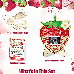 generic 65 Pcs Strawberry Baby Shower Decorations Guest Book, Baby Shower Guest Book Alternatives with Photo Frame, 60 Wood Slices Berry Sweet Baby Shower Decorations for Grils Baby Shower