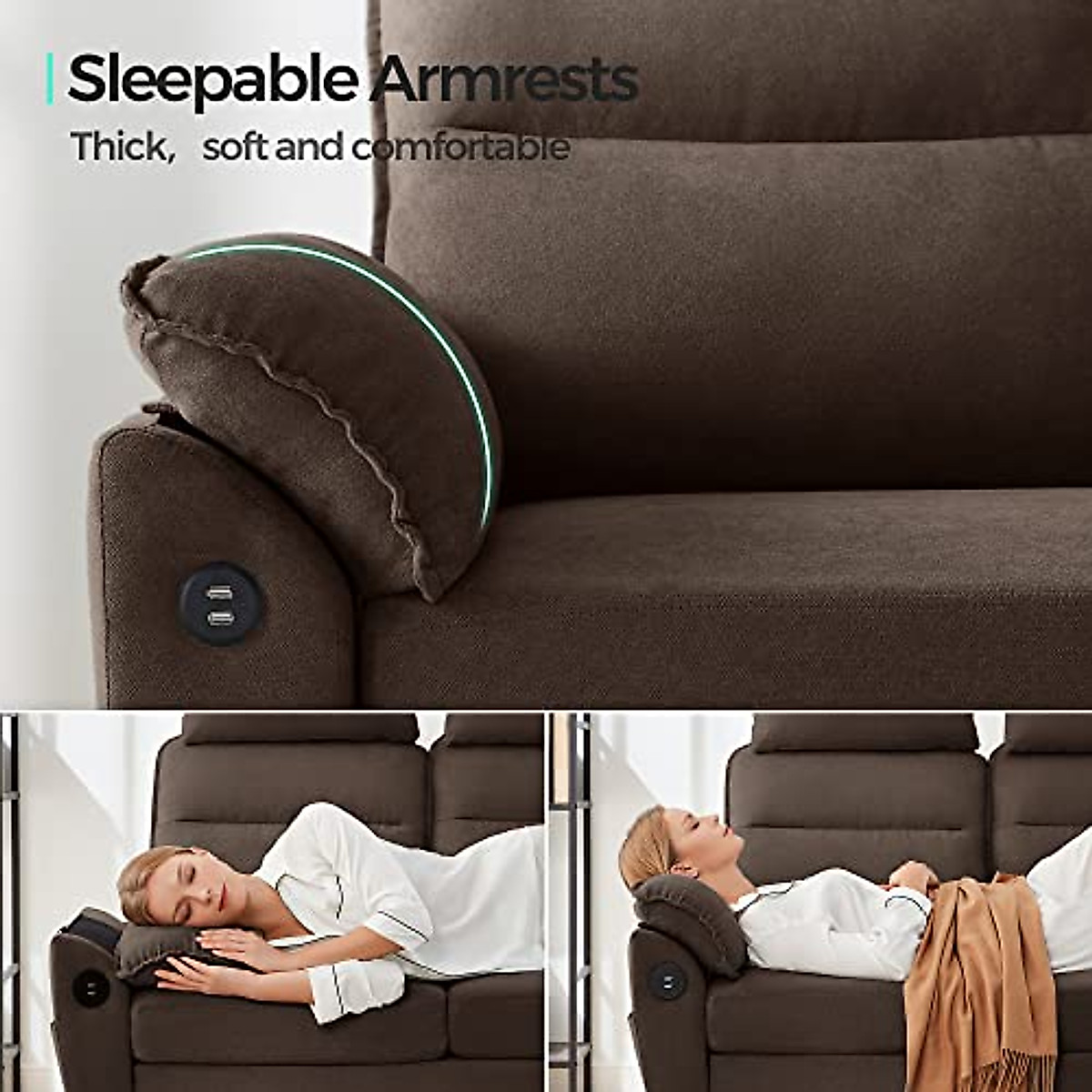 LINSY HOME Sectional Sofa Couch, 3 Seat Small Couch with 2 USB Ports and Storage Pockets, Easy to Clean, Modern Small Sofa for Small Spaces, Living Room, Apartment, Brown