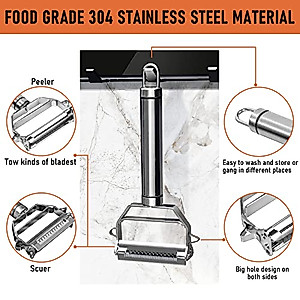 RIUIOUGA Stainless Steel Double Sided Vegetable Peeler with Cut Resistant Gloves - Multifunctional Carrot Shredder Fruit Peeler, Portable Kitchen Peeler for Shredding, Peeling and Slitting
