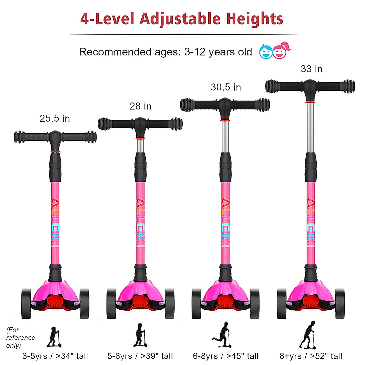 Allek Kick Scooter B02, Lean 'N Glide Scooter with Extra Wide PU Light-Up Wheels and 4 Adjustable Heights for Children from 3-12yrs (Rose Pink)