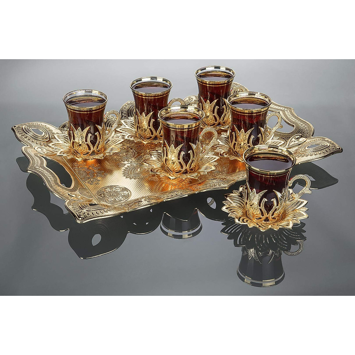 LaModaHome Golden Tea Set of 6 and Tray - Includes 6 Glasses, 6 Saucers Holders, and a Tray - VIP Special Serving Turkish Tulip - Arabic, Moroccan Coffee Sets - Cups and Mugs