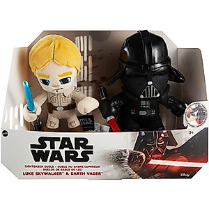 Mattel Star Wars Plush 6-inch Figure 2-Pack, Luke Skywalker vs Darth Vader, Lightsaber Duel Set of 2 Soft Dolls with Light-up Weapons