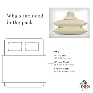 Linen Home Washed Cotton Percale King Sheet Set, Ivory, Deep Pocket, 4 Pieces Bed Sheets - 1 Flat Sheet, 1 Fitted Sheet & 2 Envelope Closure Pillowcases, Cool and Comfortable Bed Linen