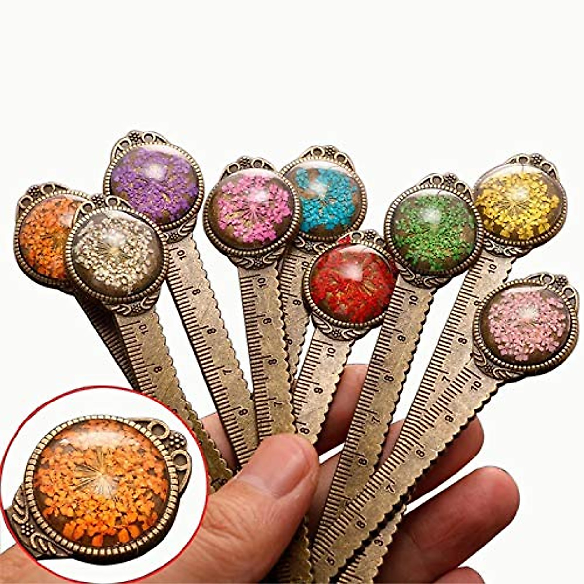 Gandhanra 9PCs Multifunction Ruler Bookmarks Bulk,Unique Vintage Bronze Dried Immortal Flowers Book Mark for Kids,Students,Teacher