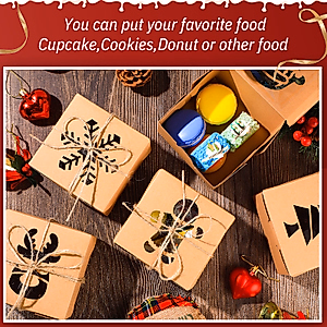 Tenare 30 Pieces Christmas Cookie Boxes with Clear Window Cupcake Boxes Bakery Boxes Pastry Packaging Boxes Brown Kraft Present Box with Rope for Food Present Giving, 4 x 4 x 2.5 Inches (Classic)
