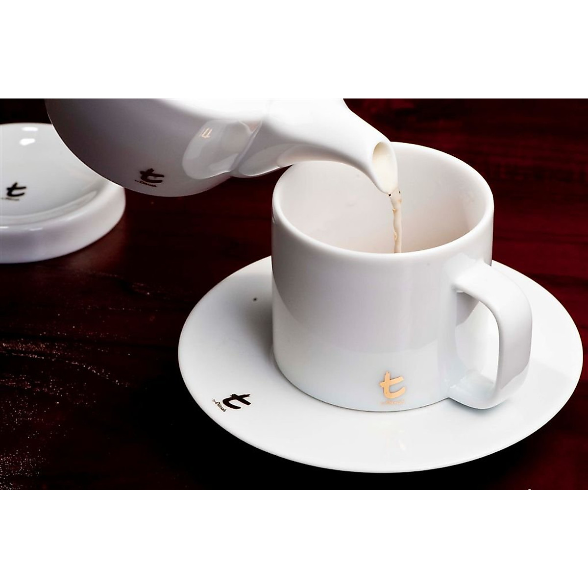 Dilmah, Tea Mug, Saucer, and Lid, Fine Porcelain, t-Series Collection, Gold Monogram, Coffee or Tea Service, 3 Piece Set, 10 Oz. volume, Pack of 2