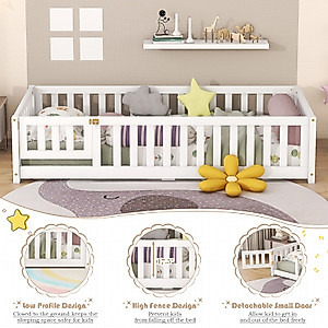 GEEVIVO Twin Size Montessori Floor Bed, Kids 1-3 Wooden Playhouse Bed Frame w/Door, Slats and Safety Fence, Floor-Bed-Frame for Children Bedroom, Boys Girls, Kids Playroom