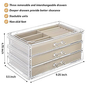 Acrylic Jewelry Organizer Box by Tranquil Abode | Clear Jewelry Box Organizer | 3 Tall Drawers, Velvet Trays | Stackable Display Case Jewelry Storage for Women | Jewelry Organizer Earring Ring Necklace