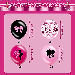 DPKOW Princess Balloons Pink Girls Balloons Hot Pink Latex Balloons Black Pink Confetti Balloon Bulk Cute Fairy Princess Party Decorations Supplies for Kids Girls Birthday Decor Baby Shower, 32pcs