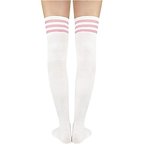 Century Star Women's Casual Athlete Striped Over Knee Thin Thigh High Tights Long Stocking Socks B 1 Pair White Pink One Size