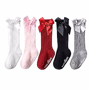 Sarfel Toddler Girl Knee High Socks Baby Non-Slip Socks Infant Long Tube Ruffled Stockings Gifts 5 Pairs Bow 12-36 Months