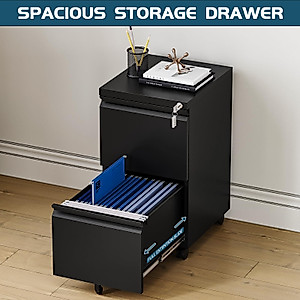 MIIIKO 2 Drawer File Cabinet on Wheels, Home Office Mobile Under Desk with Lock, Vertical Files Drawers for Legal/Letter/A4