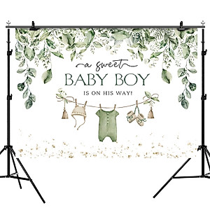 Rsuuinu Baby Shower Backdrop for Boys Greenery A Sweet Baby Boy is On The Way Photography Background Newborn Kids Boy Green Leaves Baby Shower Party Decorations Banner Supplies Photo Booth Props 7x5ft