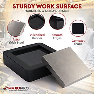MaxoPro 3” Steel Bench Block Flat Anvil Jewelers Tool with 4” Tough Rubber Block – Heat-Treated Scratch-Resistant Solid Metal Bench Block - Jewelry Repairing, Metal Stamping, Work Surface Tool