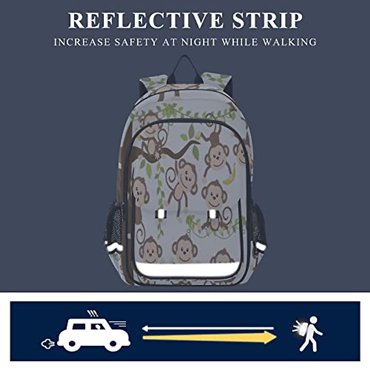 Glaphy Cute Monkey Backpack School Bag Lightweight Laptop Backpack Student Travel Daypack with Reflective Stripes