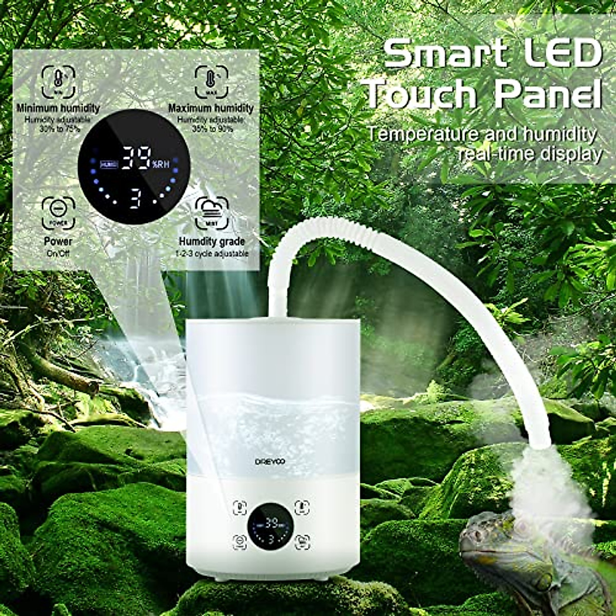 Smart Reptile Fogger Humidifiers with Humidity Control, Reptile Terrarium Humidifier Smart Touch, 3 Grades Adjustable Fogger with Hose for Reptile Amphibians Herps Snakes Plants