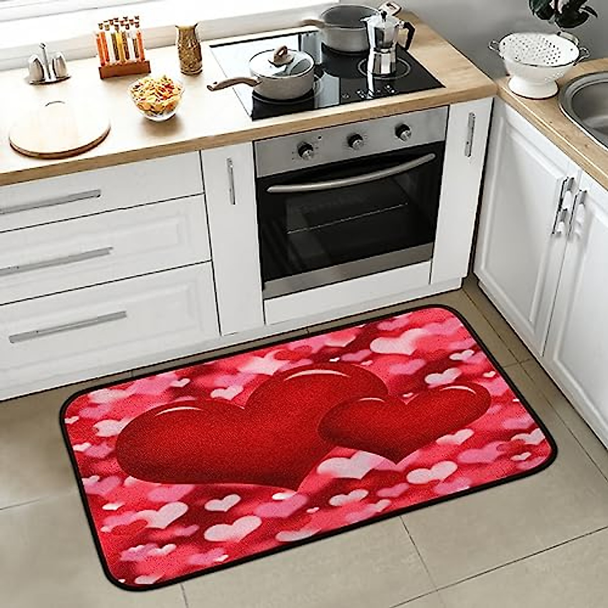 KOBLEN Red Love Hearts Kitchen Rugs Non Slip Washable Absorbent Kitchen Mats 20x39 inch Cushioned Anti Fatigue Kitchen Floor Mats for in Front of Sink