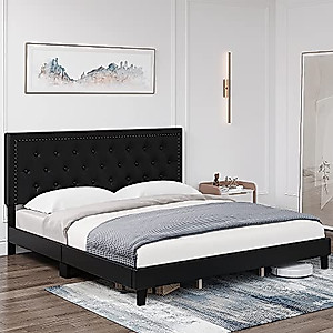Homhougo Full Size Bed Frame with Adjustable Headboard, Upholstered Platform Bed with Button Tufted Faux Leather Headboard, Wood Slat Support, Noise-Free, No Box Spring Needed, Easy Assembly, Black