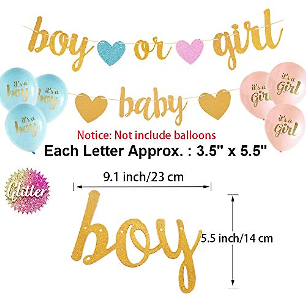 Aonor Gender Reveal Party Decorations - Glitter Letters Baby and BOY OR Girl with Hearts Banner, Tissue Paper Pom Poms Set for Baby Shower Party Decorations