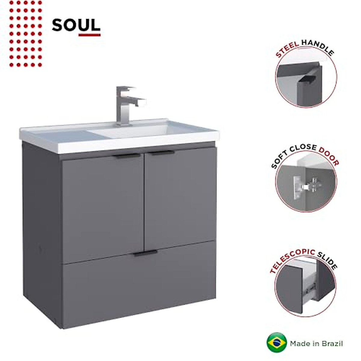 COZIMAX Vanity Soul 24" Floating Bathroom Vanity and Cultured Marble Sink with Soft Close Door (Gray)