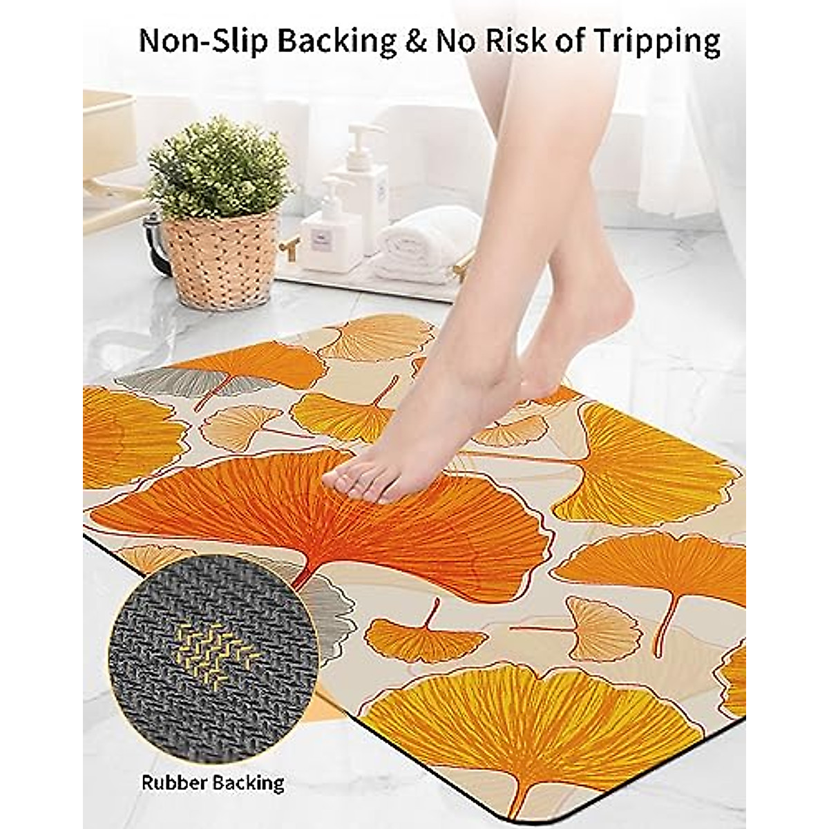 Fall Leaves Bath Mat for Tub,Non Slip Bathroom Floor Runner Rug Quick Dry & Absorbent Diatomaceous Earth Kitchen Room Shower Sink Washable Doormat,Retro Middle Century Orange Yellow Leaf 18"x30"