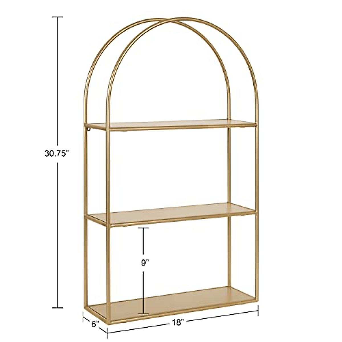 Kate and Laurel Monroe Modern Arched Wall Shelf, 18 x 31, Gold, Decorative 3 Tier Floating Wall Shelves with Glamorous Finish and Robust Storage Capacity